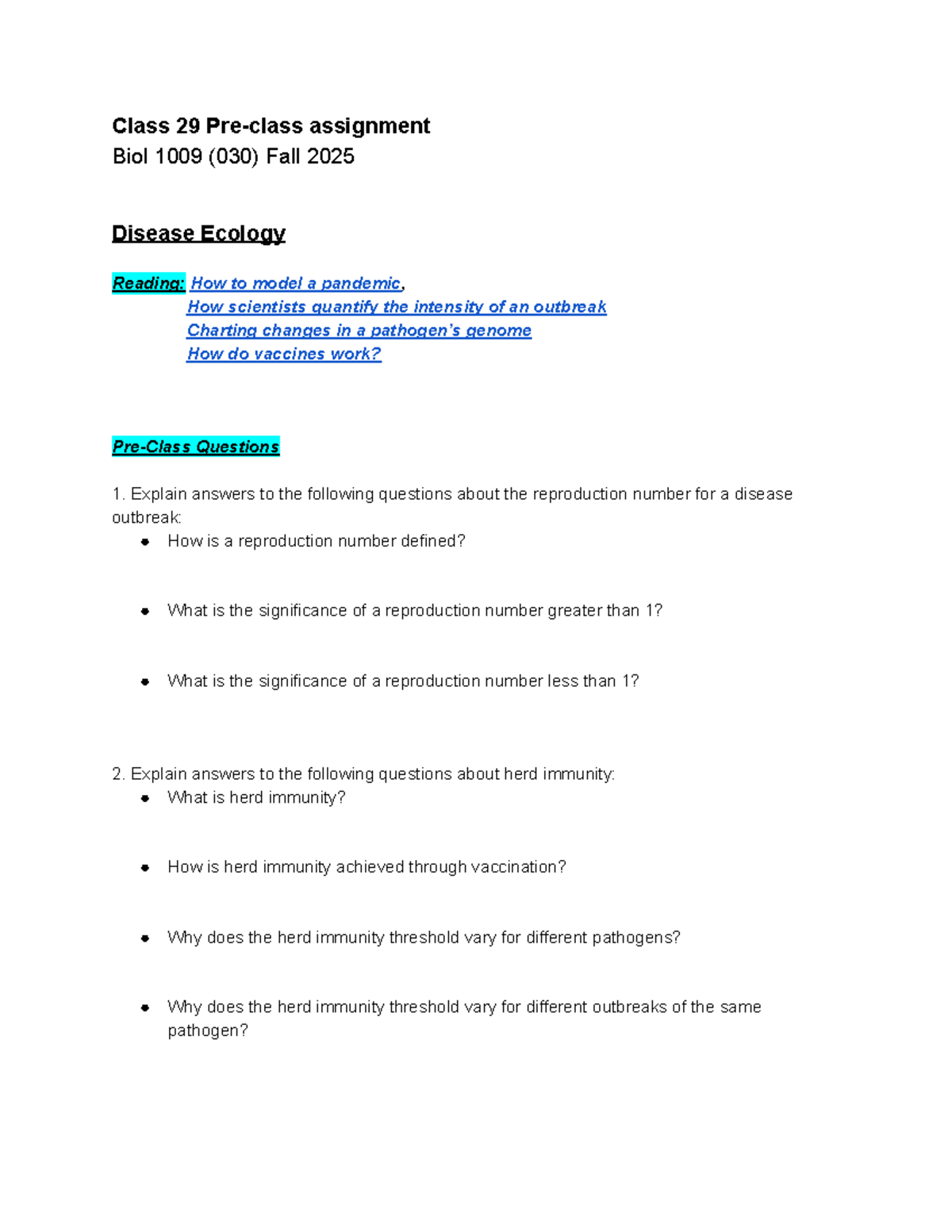 Class 29 Pre-Class Assignment - BIOL 1009 (030) Fall 2025 - Studocu