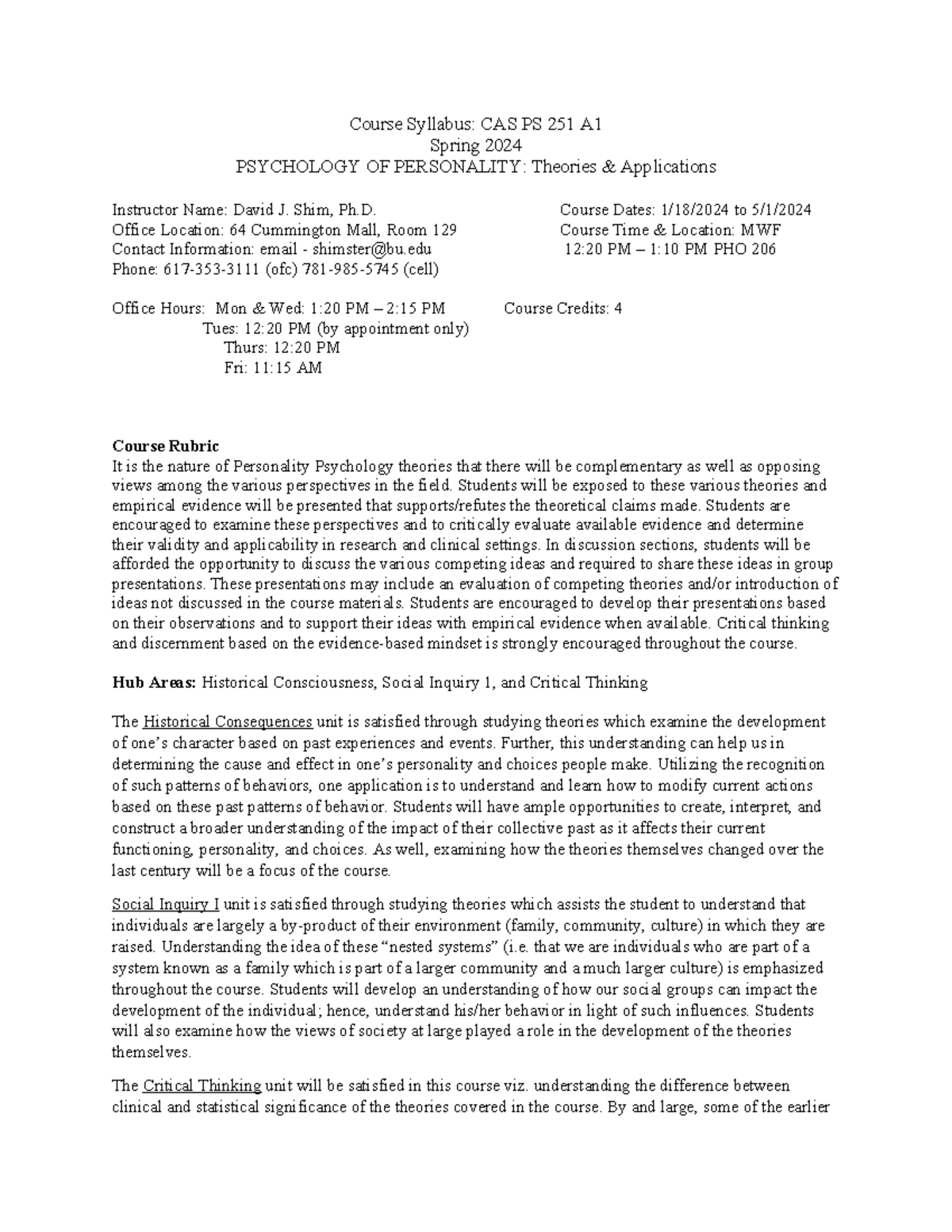 CAS PS 251 A Syllabus: Psychology of Personality (Spring 2024) - Studocu