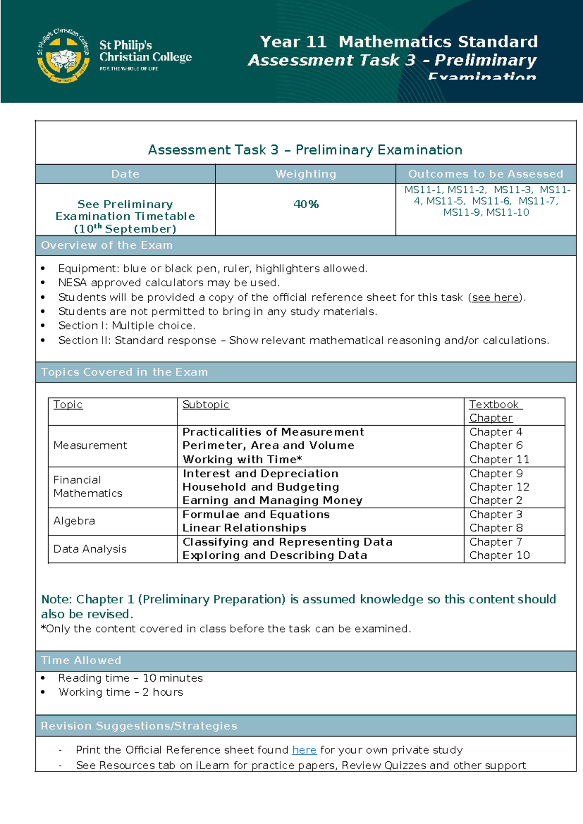 Year 11 MS114 Mathematics Standard Task 3 Exam Overview - Studocu