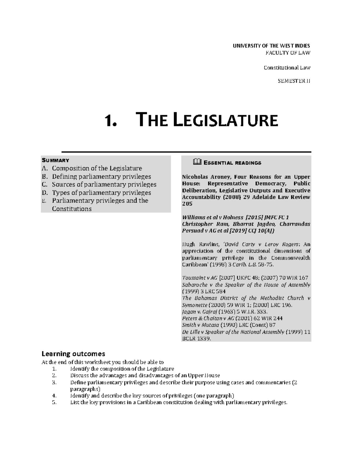 The Legislature Worksheet - UNIVERSITY OF THE WEST INDIES FACULTY OF ...
