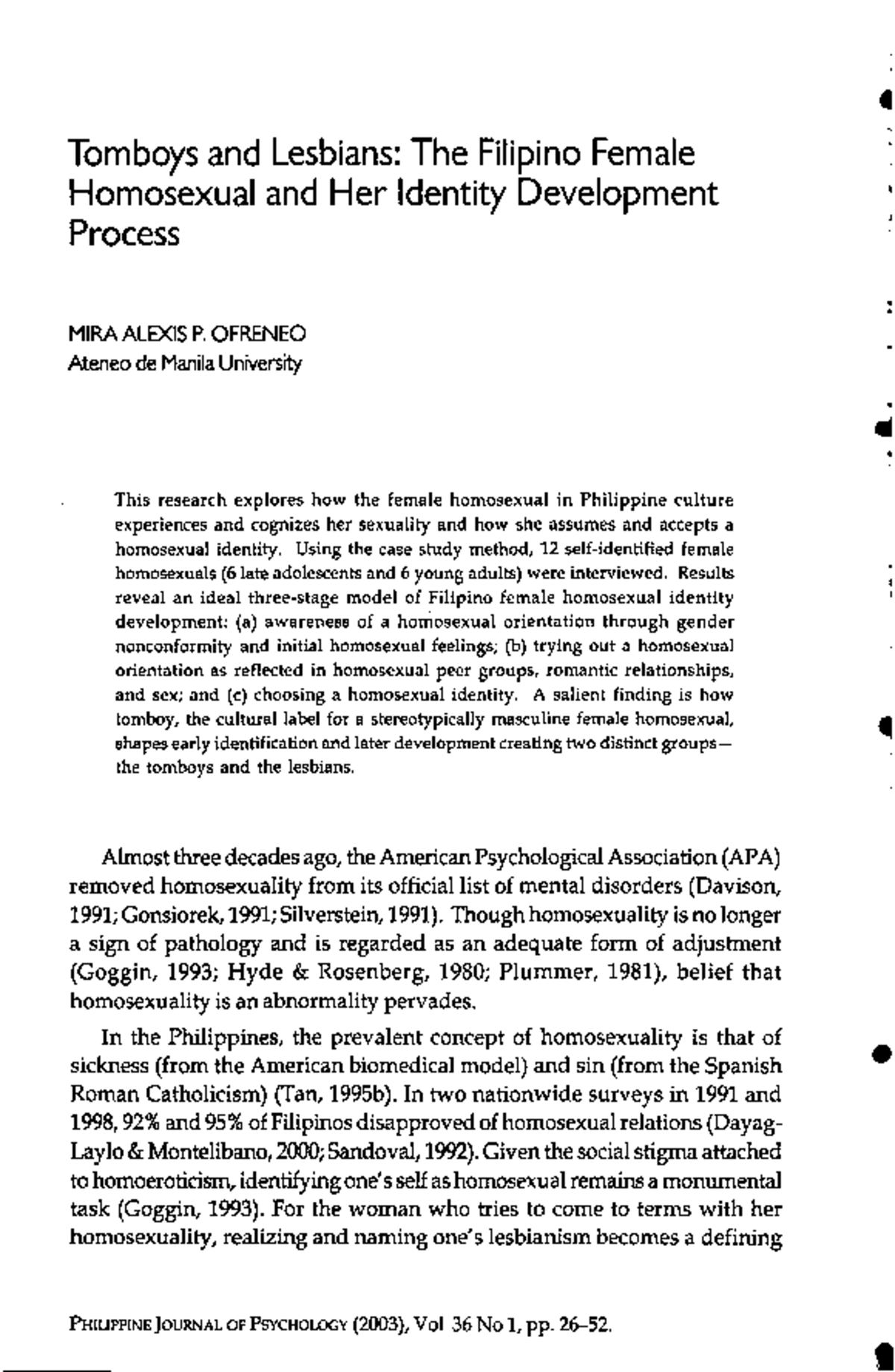 M A Ofreneo: Tomboys and Lesbians in Filipino Female Identity ...