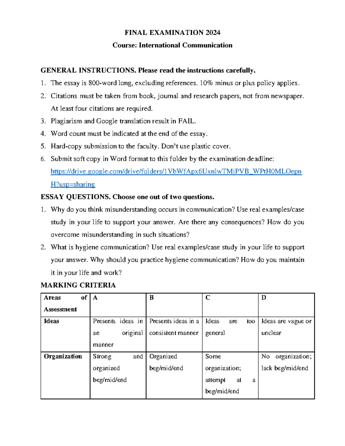 Final examination essay 2024 - FINAL EXAMINATION 2024 Course ...