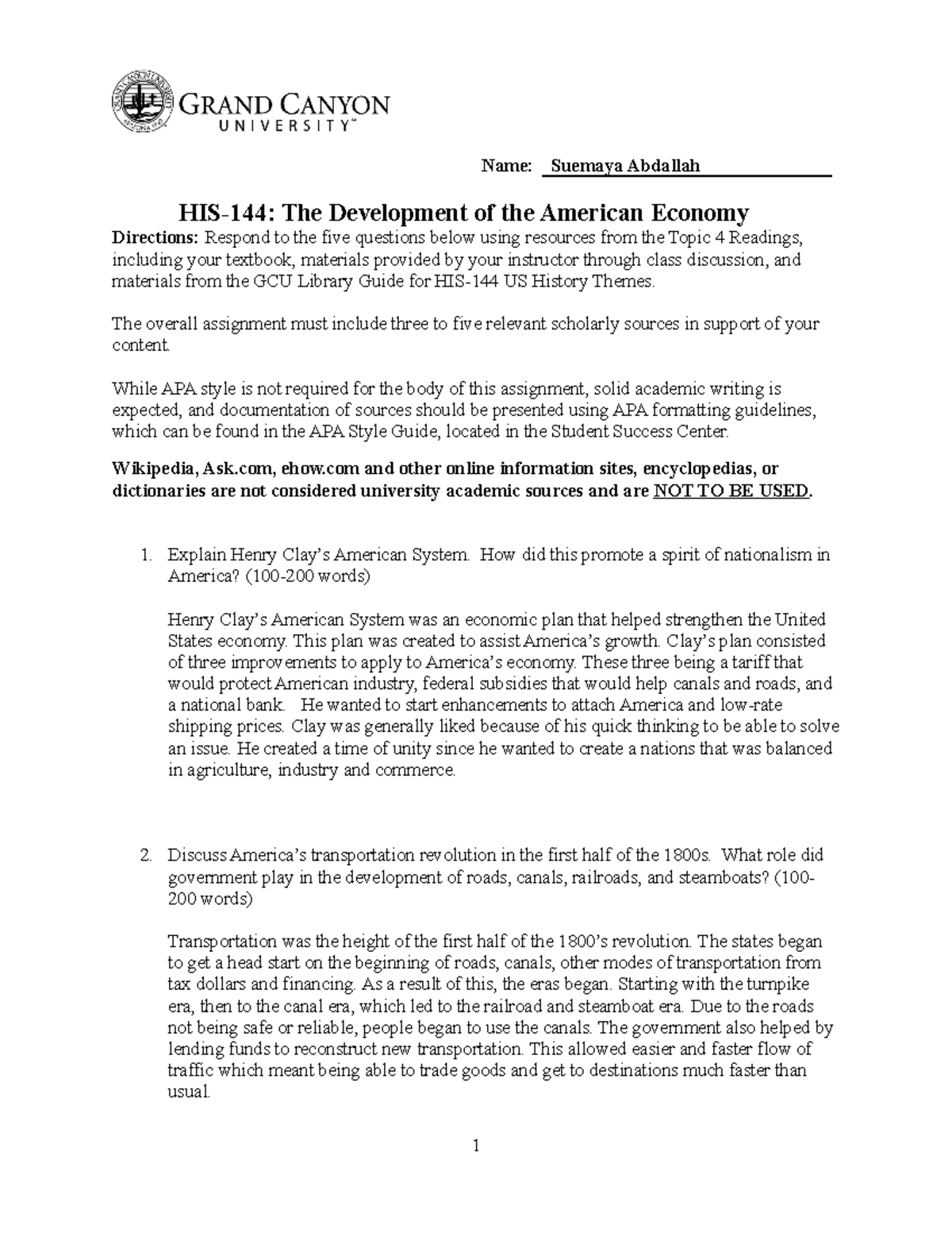 HIS-144 - Assignment - Name: Suemaya Abdallah HIS-144: The Development ...