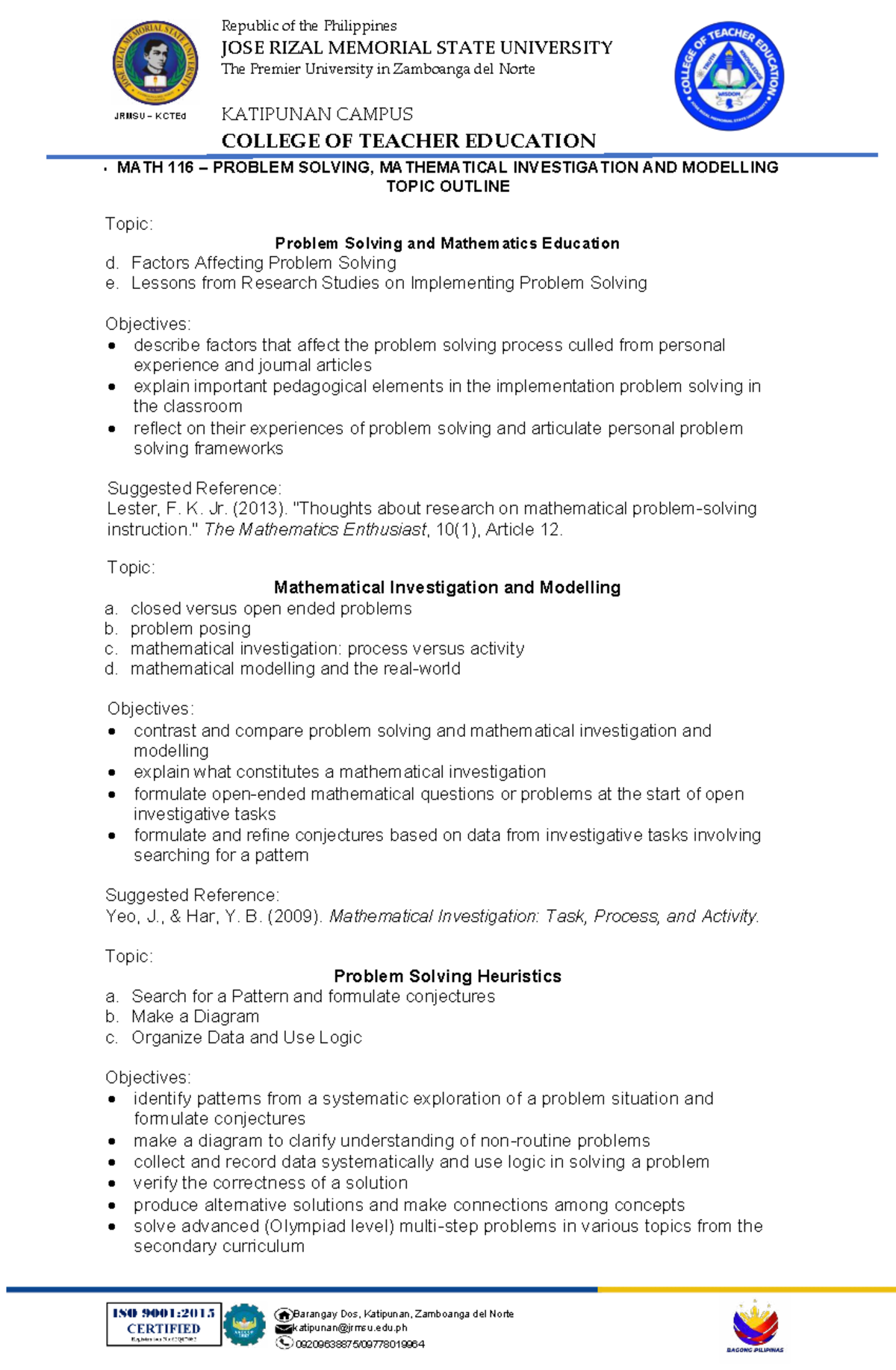 MATH 116 Problem Solving & Mathematical Investigation Topic Outline ...