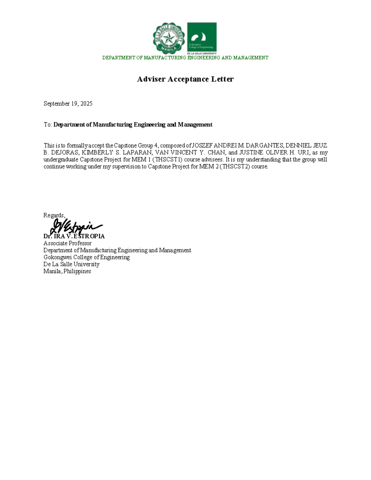 Adviser Acceptance Letter for Capstone Group 4 (MEM 1 - THSCST1) - Studocu