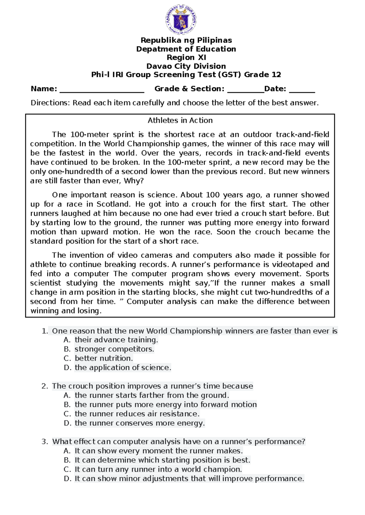 Phil-IRI-GST-ENG Grade 12: Group Screening Test Overview - Studocu