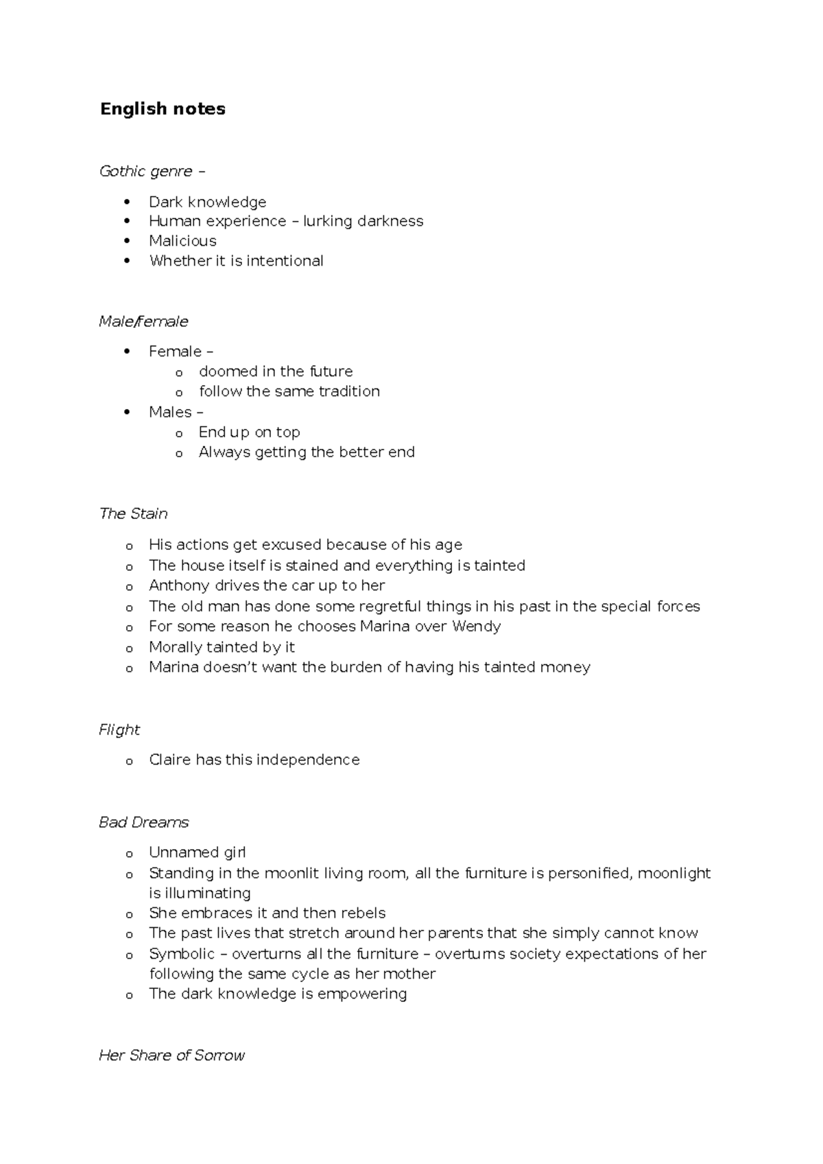 English Notes: Gothic Genre & Dark Knowledge in Human Experience - Studocu