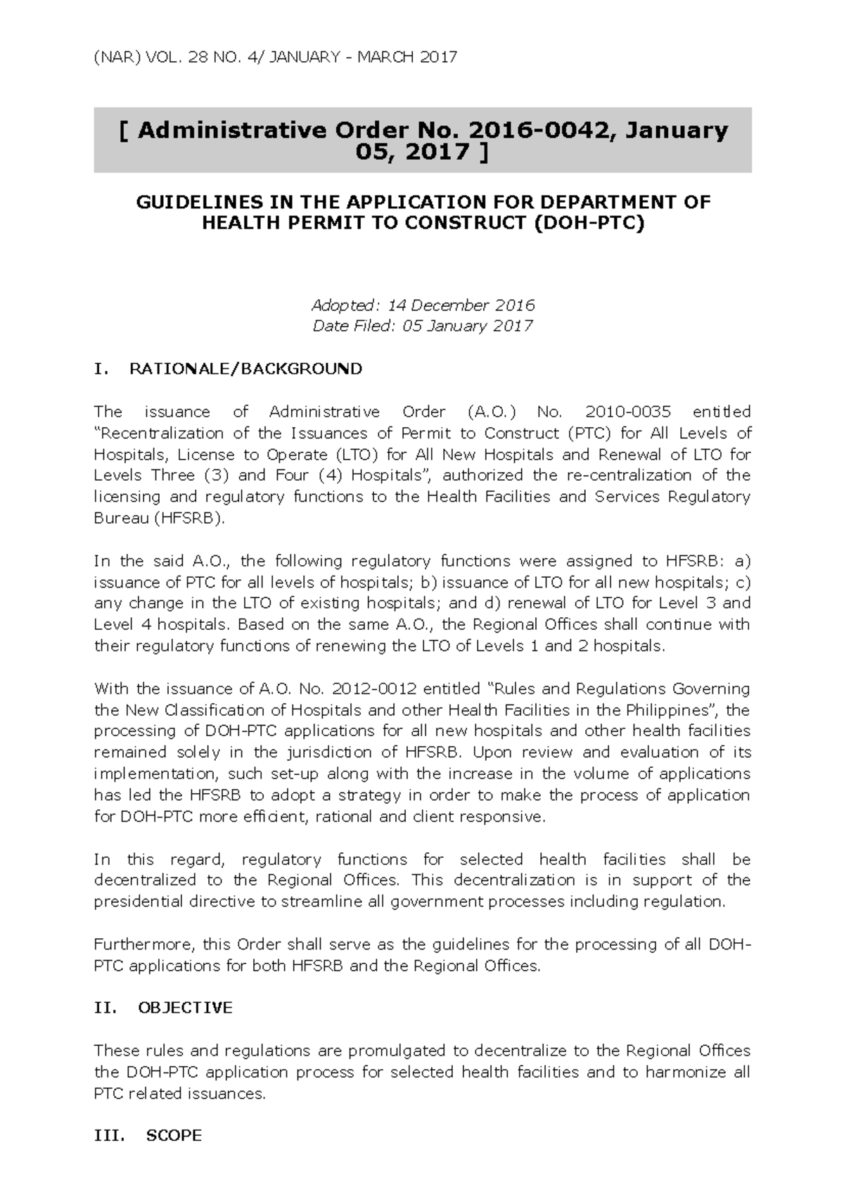 DOH Administrative Order No. 2016-0042: Guidelines for PTC Applications ...