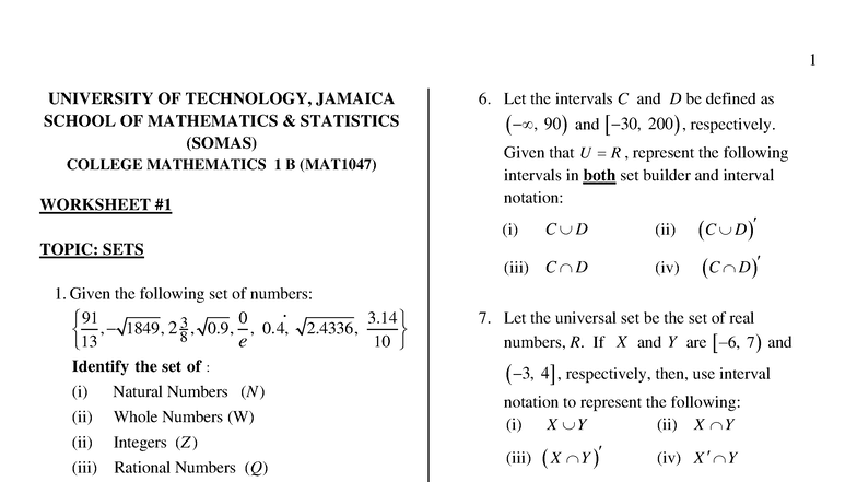Worksheet # 1 - Set Theory (MAT1047) - Studocu