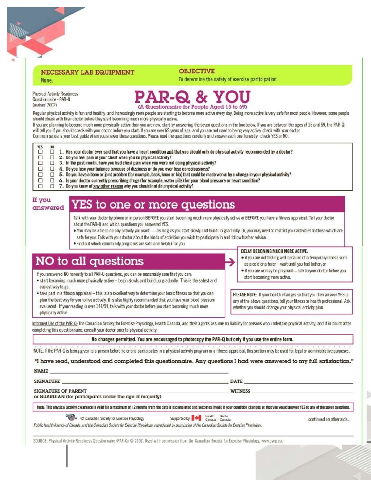 PARQ form for Pathfit - NECESSARY LAB EQUIPMENT OBJECTIVE None. To ...
