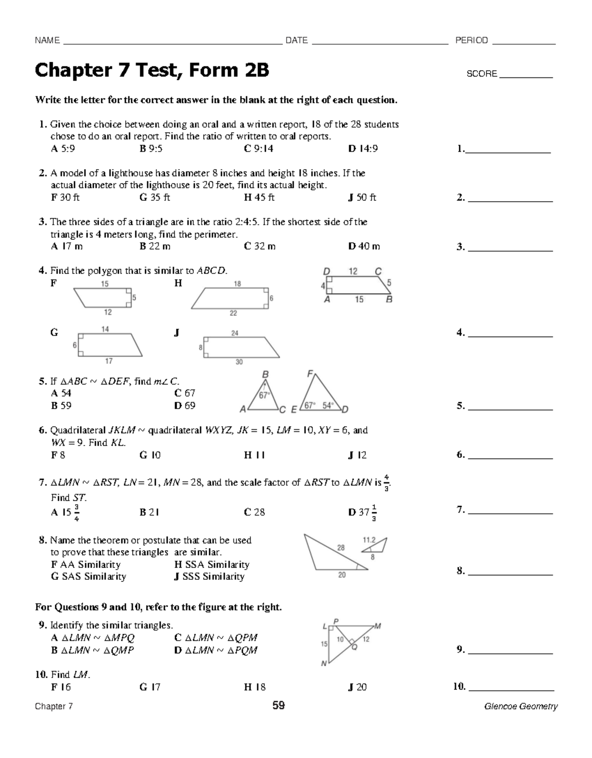 Geometry 101: Chapter 7 Test, Form 2B - Answer Key & Solutions - Studocu