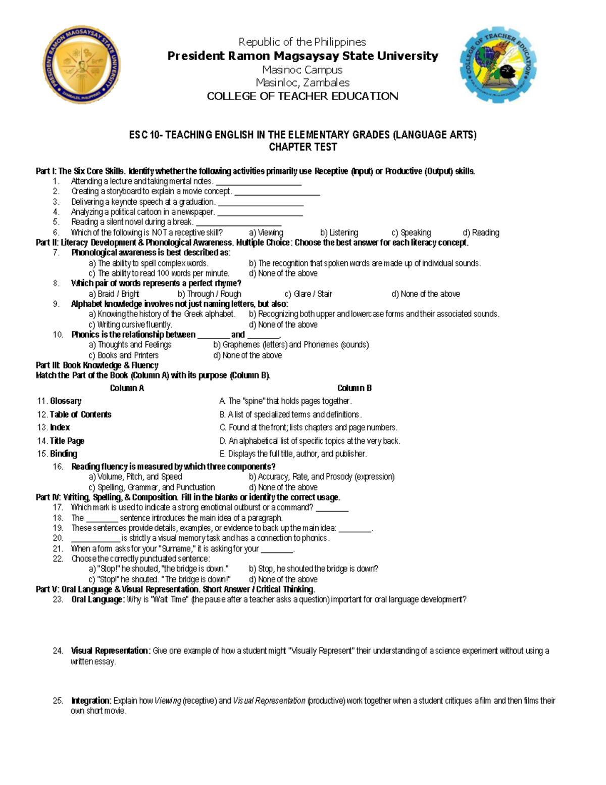 ESC 10 UNIT TEST: Teaching English Skills in Elementary Grades - Studocu