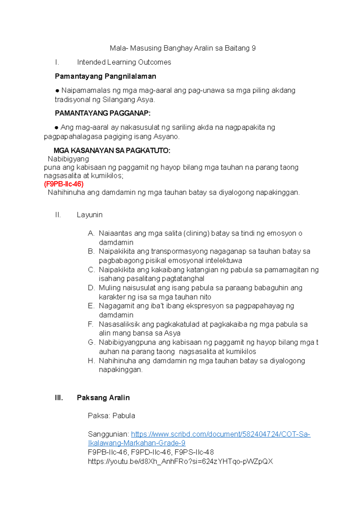 Lesson Plan: Pabula para sa Baitang 9 (F9PB-IIc-46) - Studocu