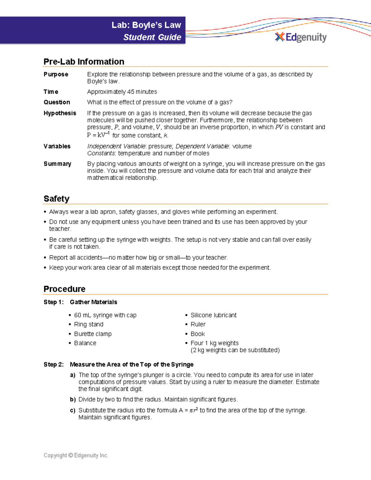 Boyle's Law Lab Guide - Experiments on Gas Volume & Pressure ...