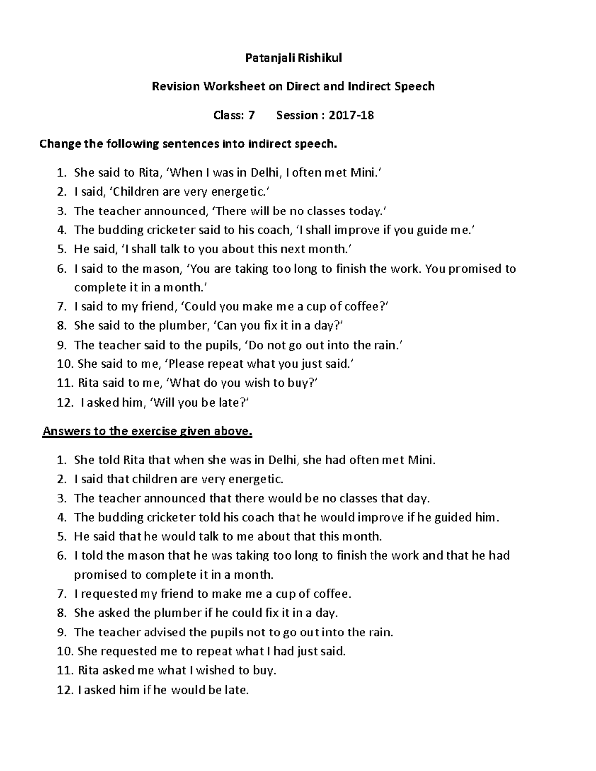Patanjali Rishikul Class 7 Revision Worksheet: Direct & Indirect Speech ...