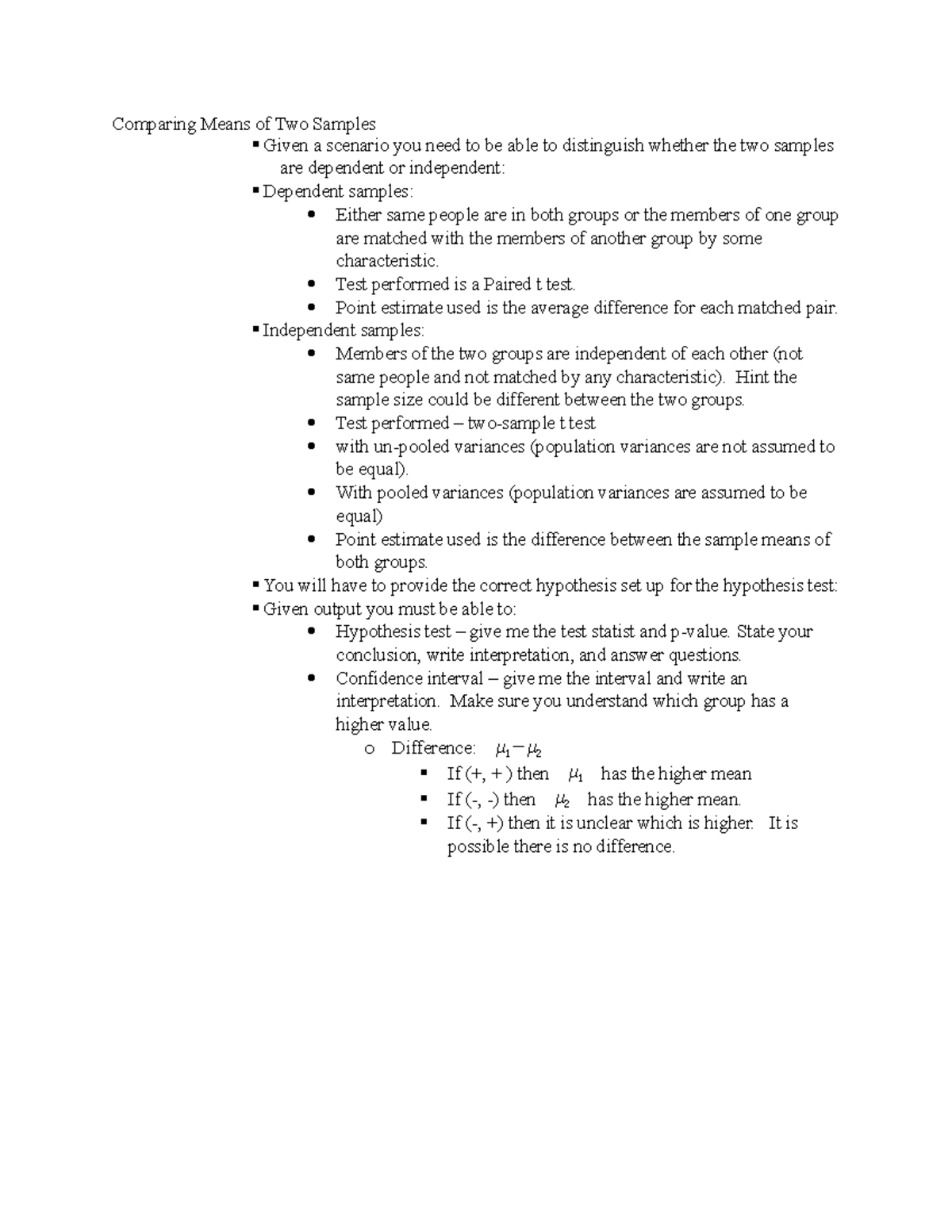 STAT 206 ch. 10 notes - Comparing Means of Two Samples Given a scenario ...
