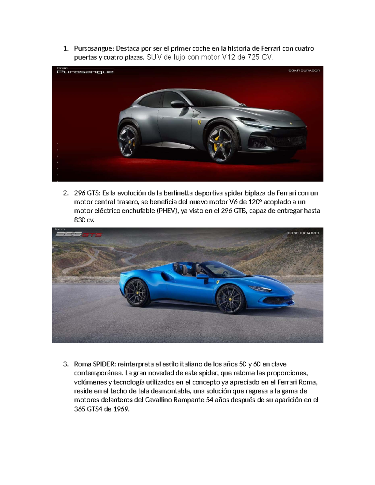 Modelos de Ferrari para el PIA: Purosangue, 296 GTS y Roma SPIDER - Studocu