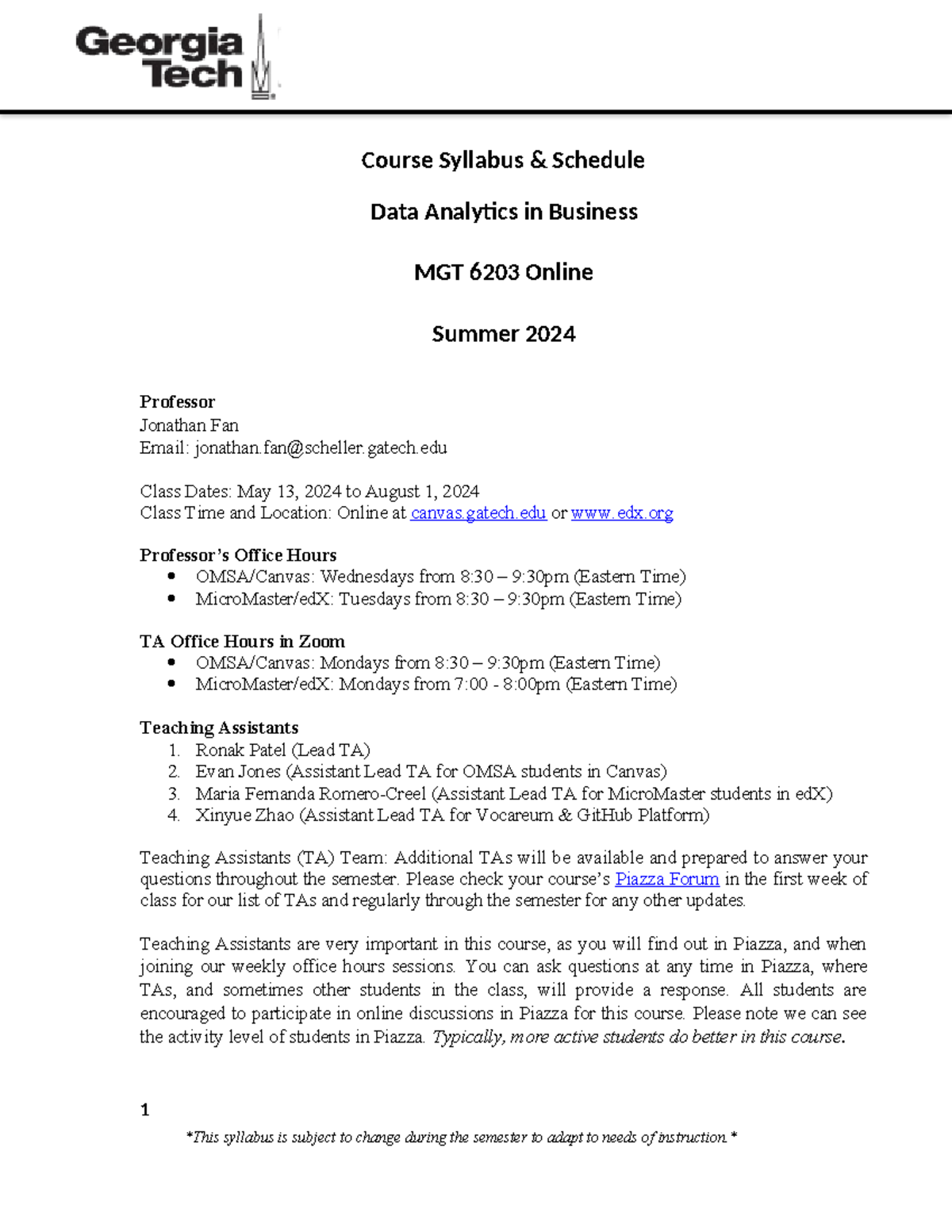 MGT 6203 Syllabus: Data Analytics in Business, Summer 2024 - Studocu