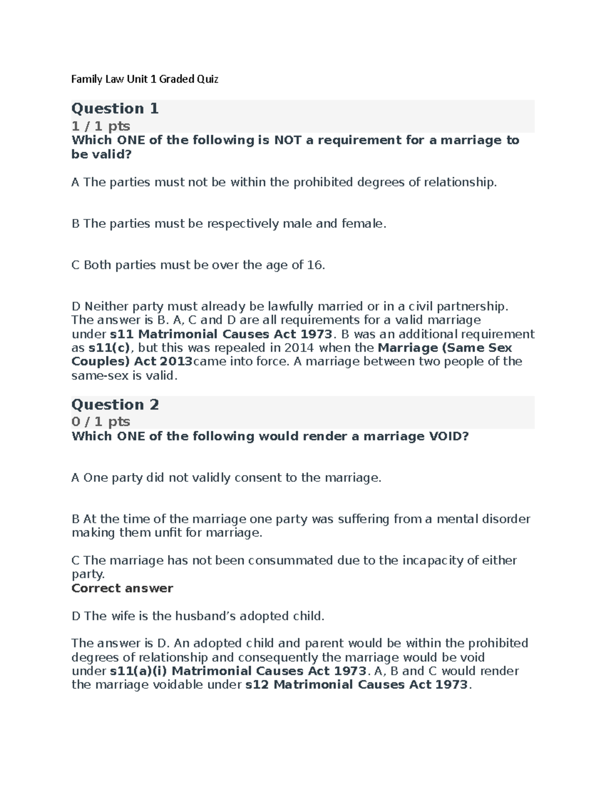 Family Law Unit 1 Graded Quiz - Questions and Answers Explained - Studocu