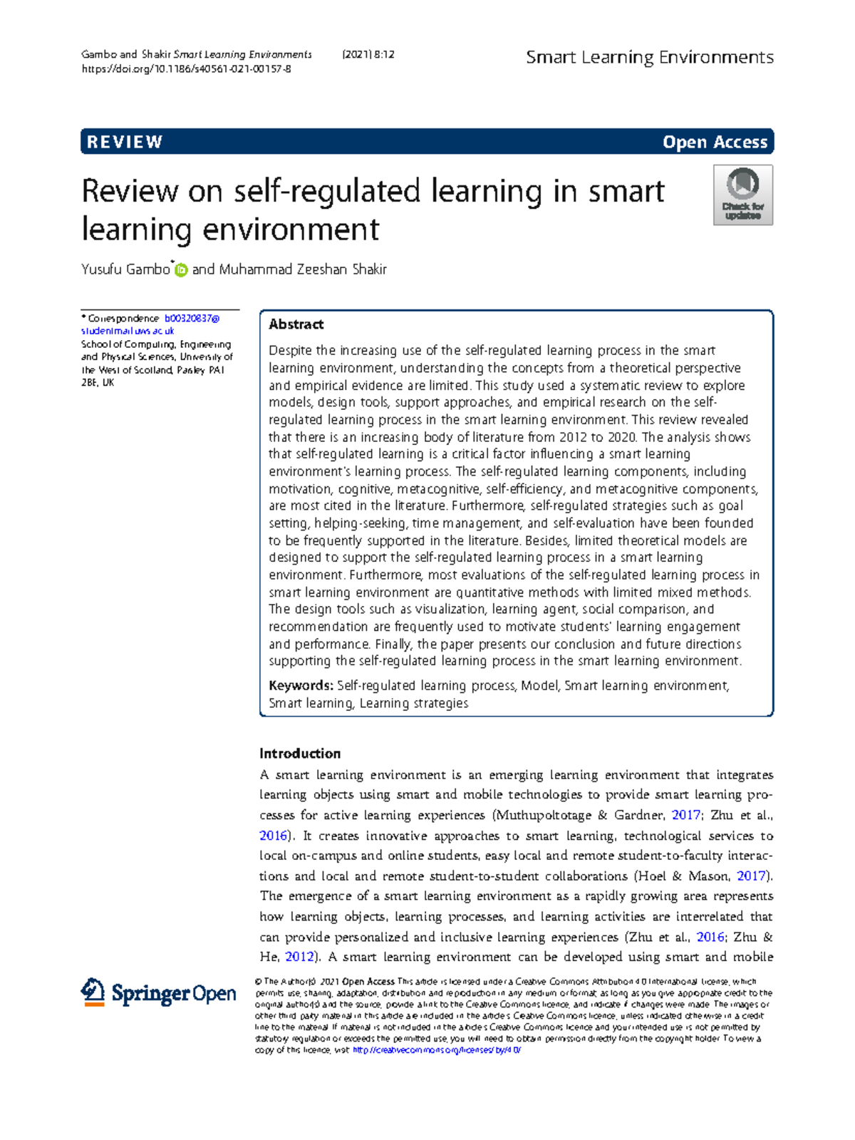 S40561 Review of Self-Regulated Learning in Smart Learning Environments ...