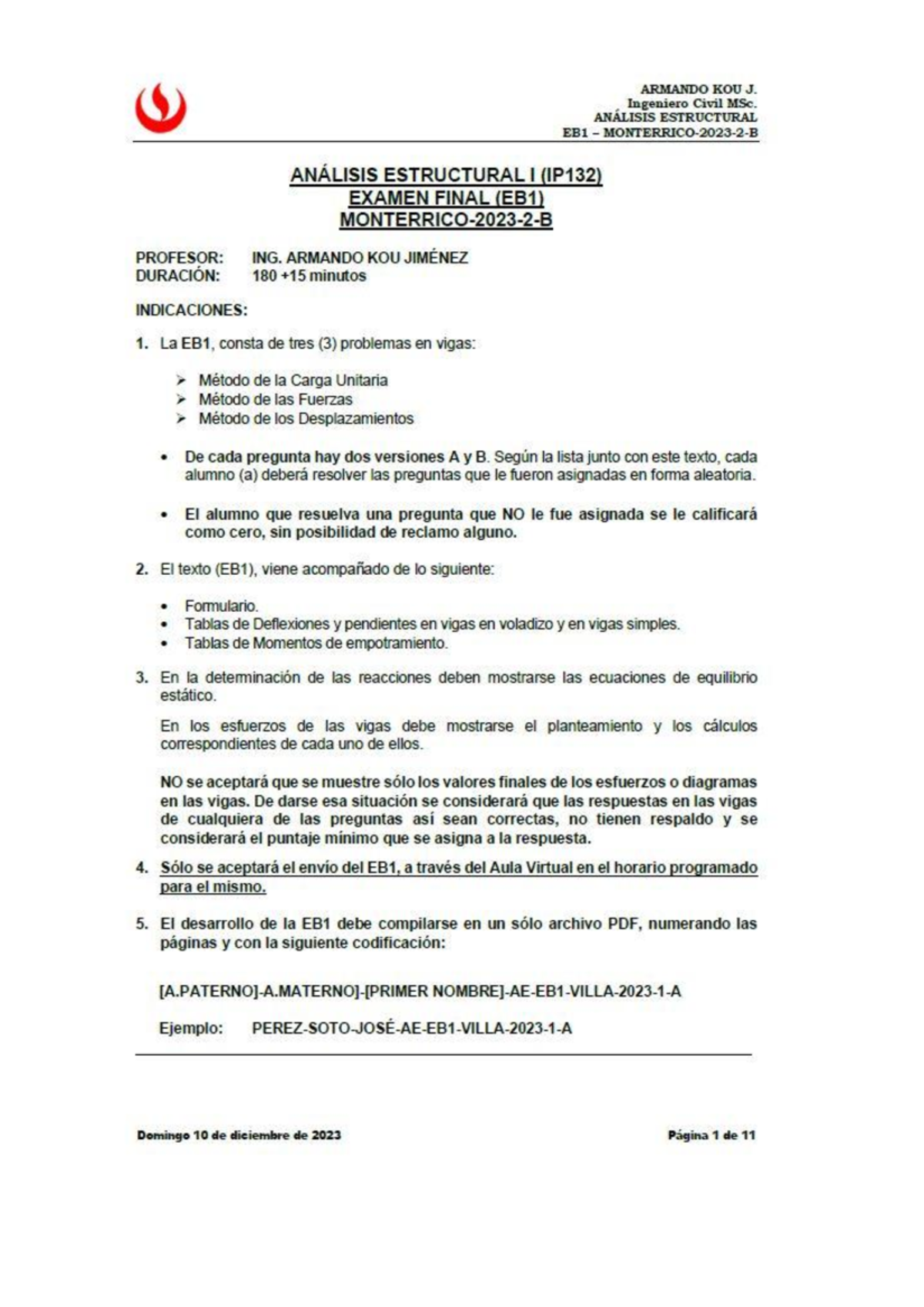 Análisis estructural I (IP132) examen final - EB1 2023 - Studocu