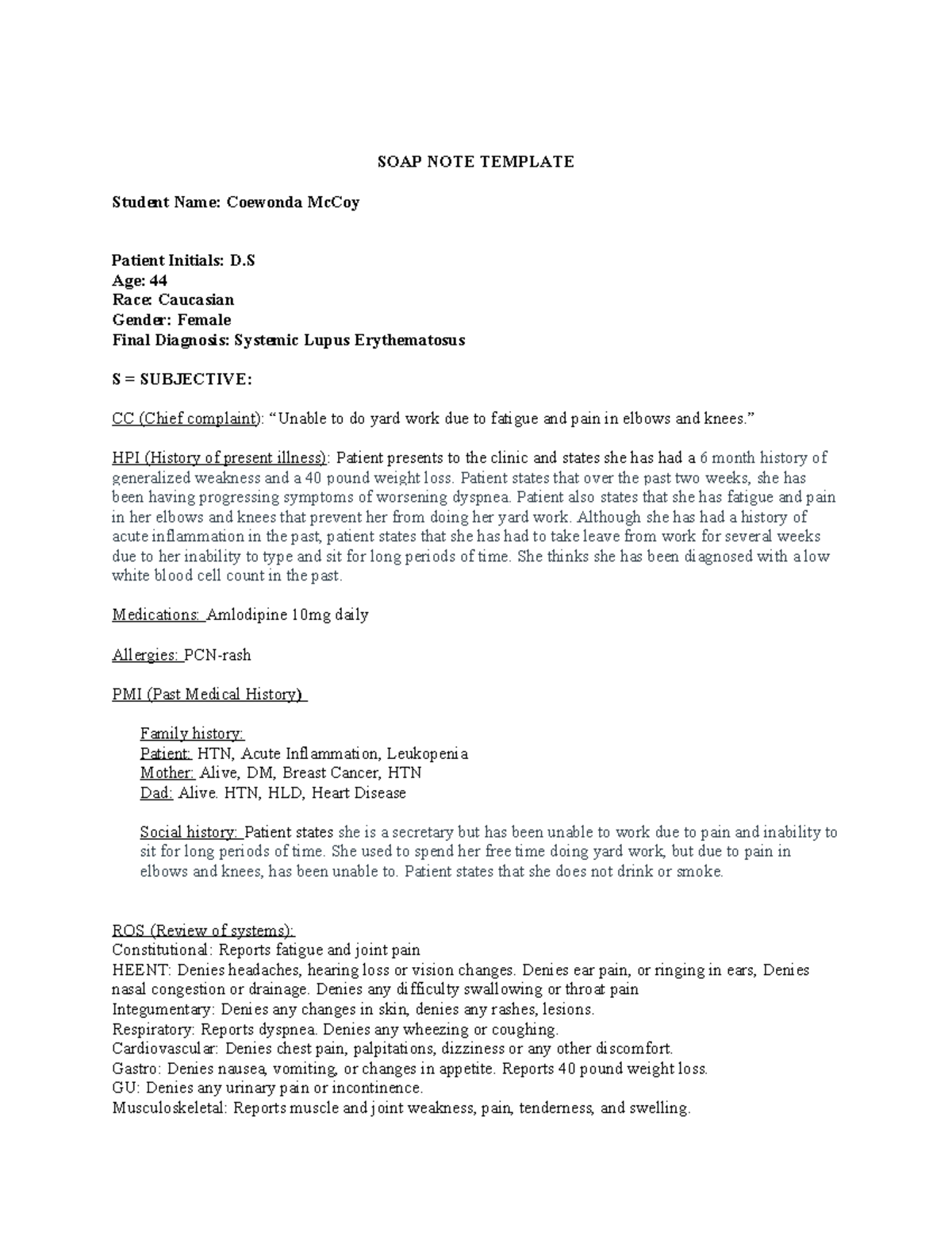 SOAP Note Template for Systemic Lupus Erythematosus (SLE) - Final Exam ...