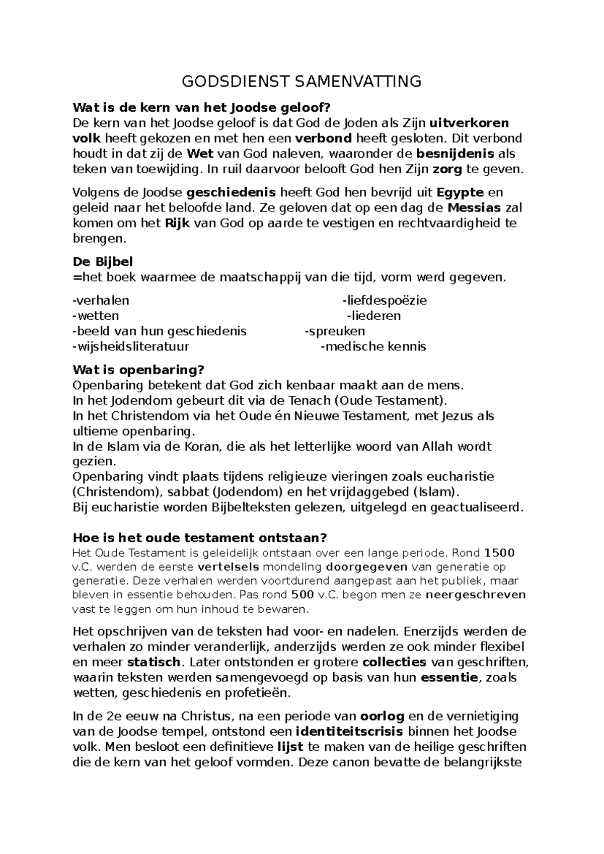 Godsdienst Samenvatting: Kern van Joodse en Christelijke ...