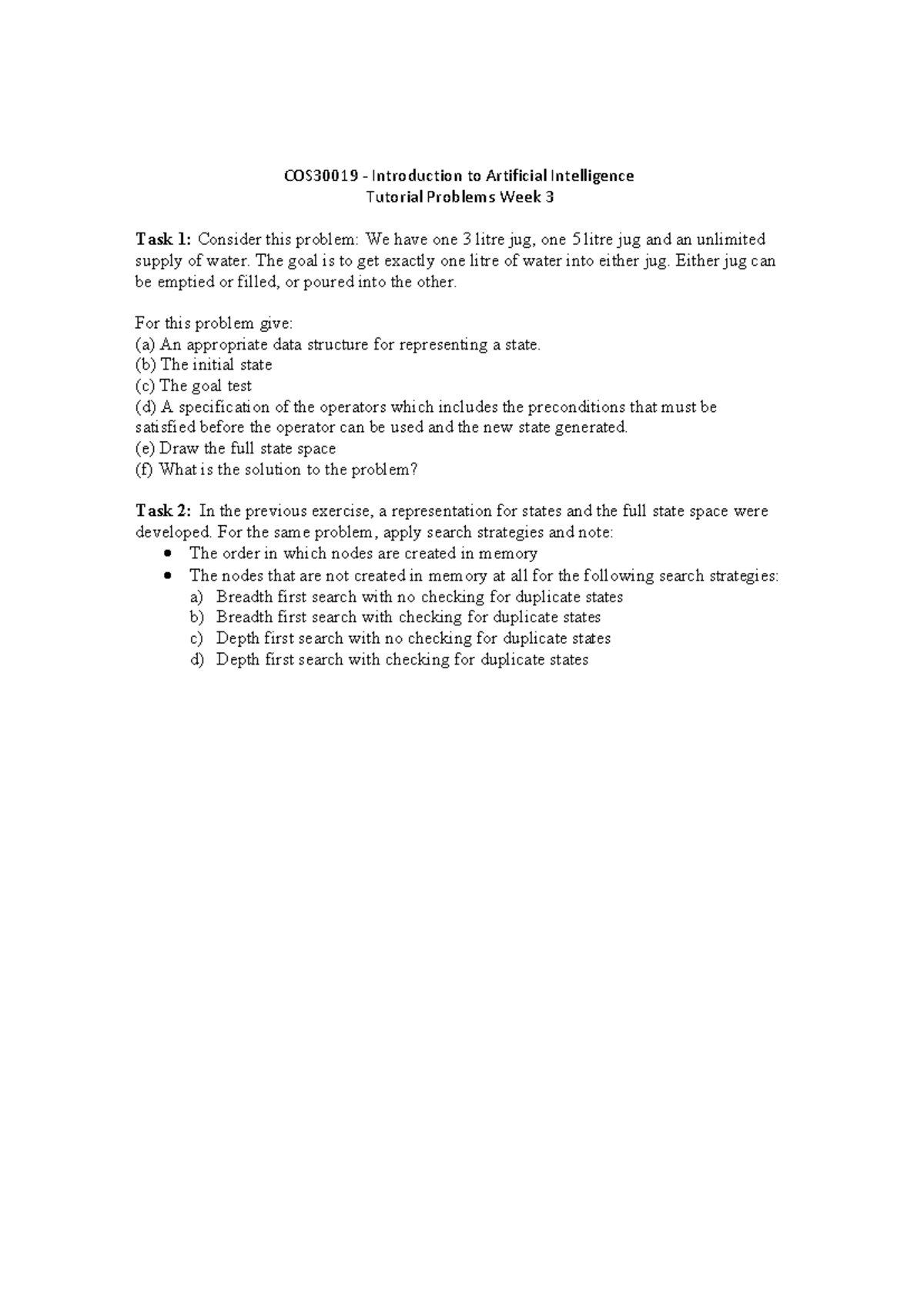 COS30019 AI Tutorial Problems: Week 3 Tasks on Water Jug Problem - Studocu