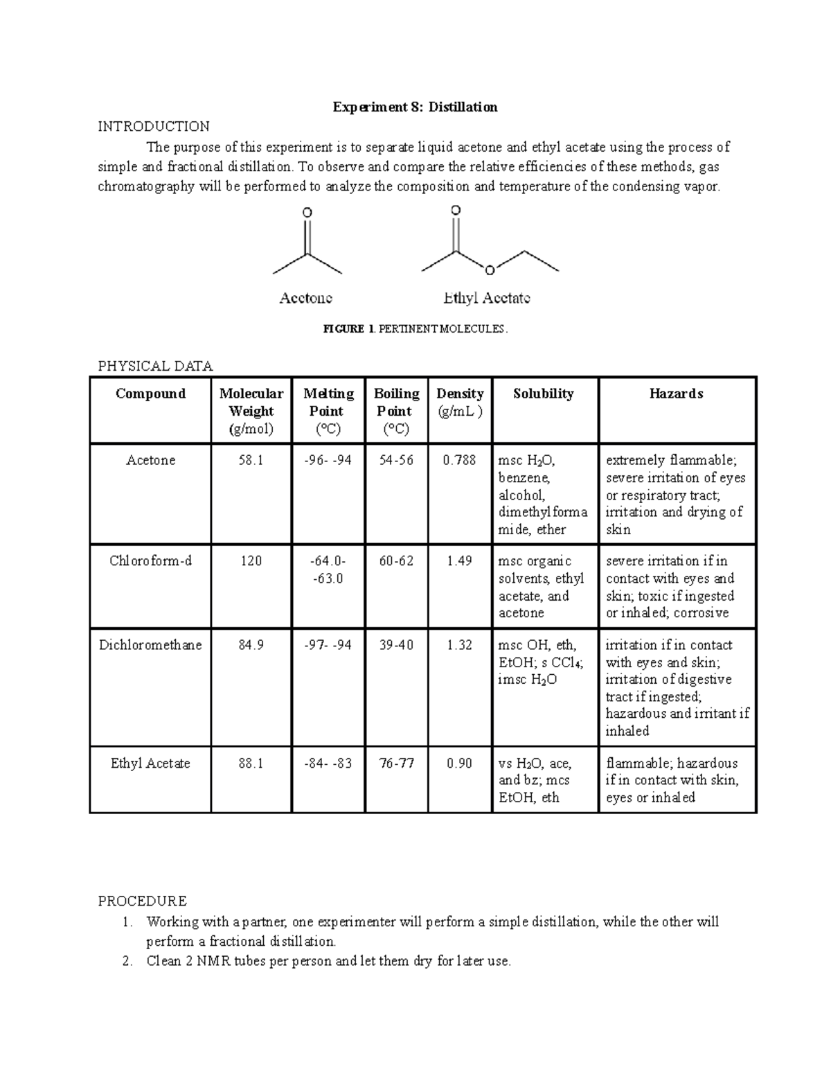 Experiment 8 Distillation - Experiment 8: Distillation INTRODUCTION The ...