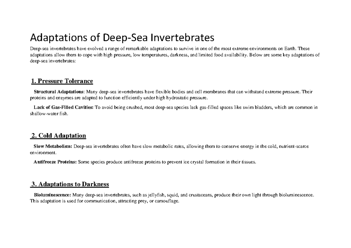 Deep-Sea Invertebrates Adaptations Overview Assignment - Studocu