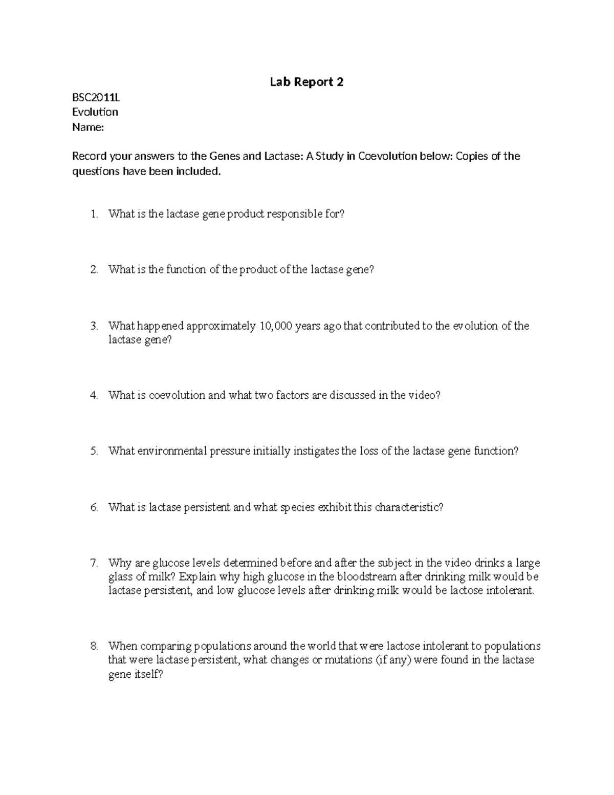 BSC2011L Module 2 Lab Report: Genes and Lactase Coevolution Study - Studocu