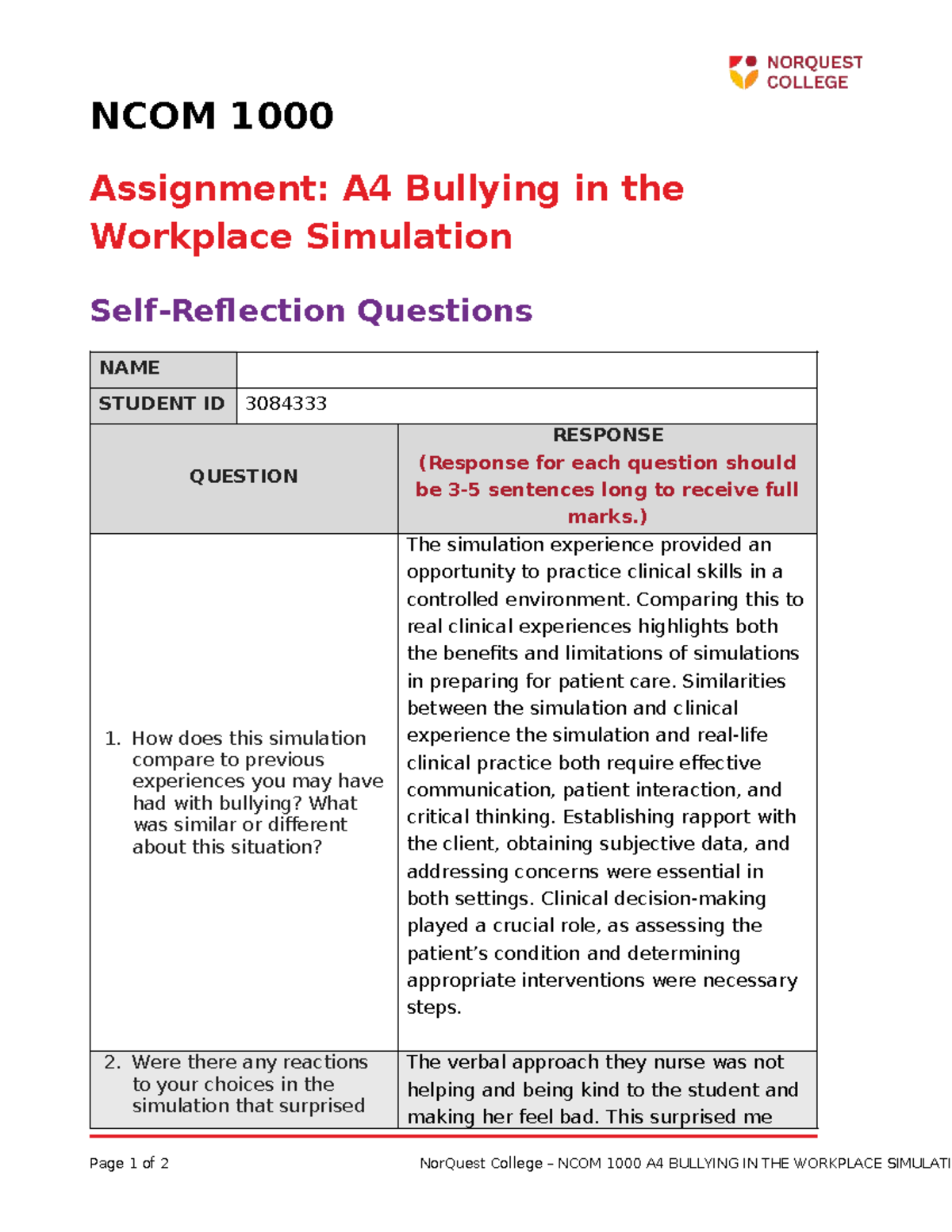 NCOM 1000 A4 - Self-Reflection Questions - NCOM 1000 Assignment: A4 ...