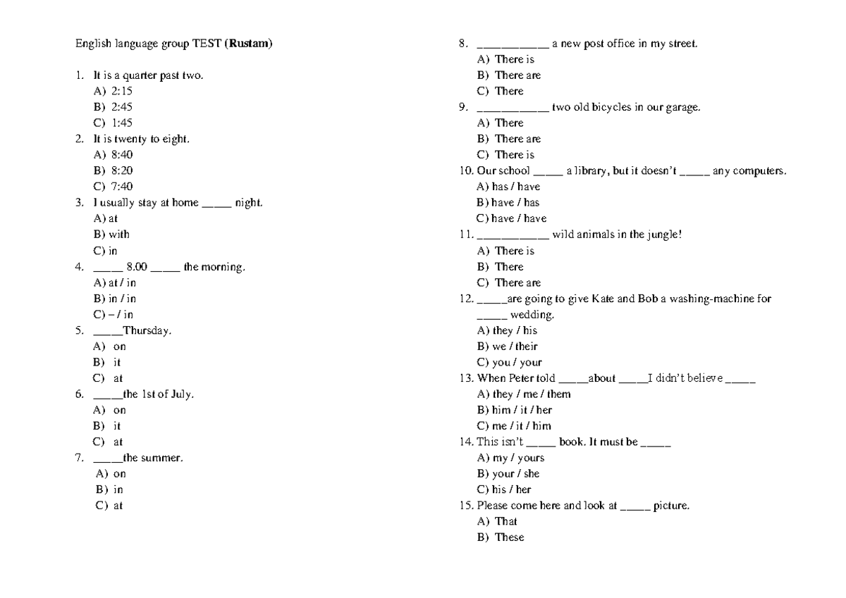 English Language Group Test (Rustam) - 30 Talik - Studocu