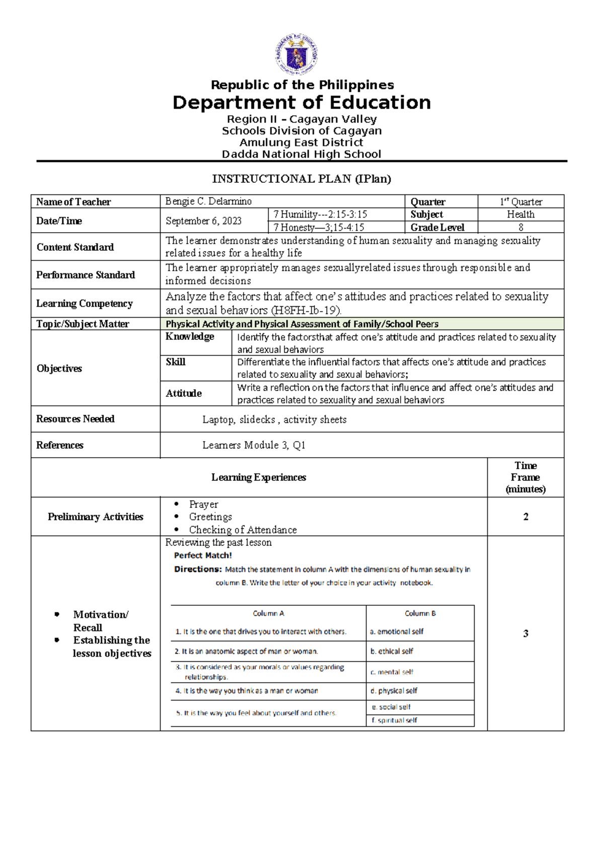 Health 8 1st Quarter Lesson Plan: Understanding Sexuality and Attitudes ...