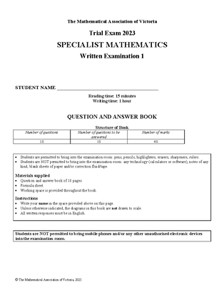 Specialist Maths formula sheet - SPECIALIST MATHEMATICS Written ...