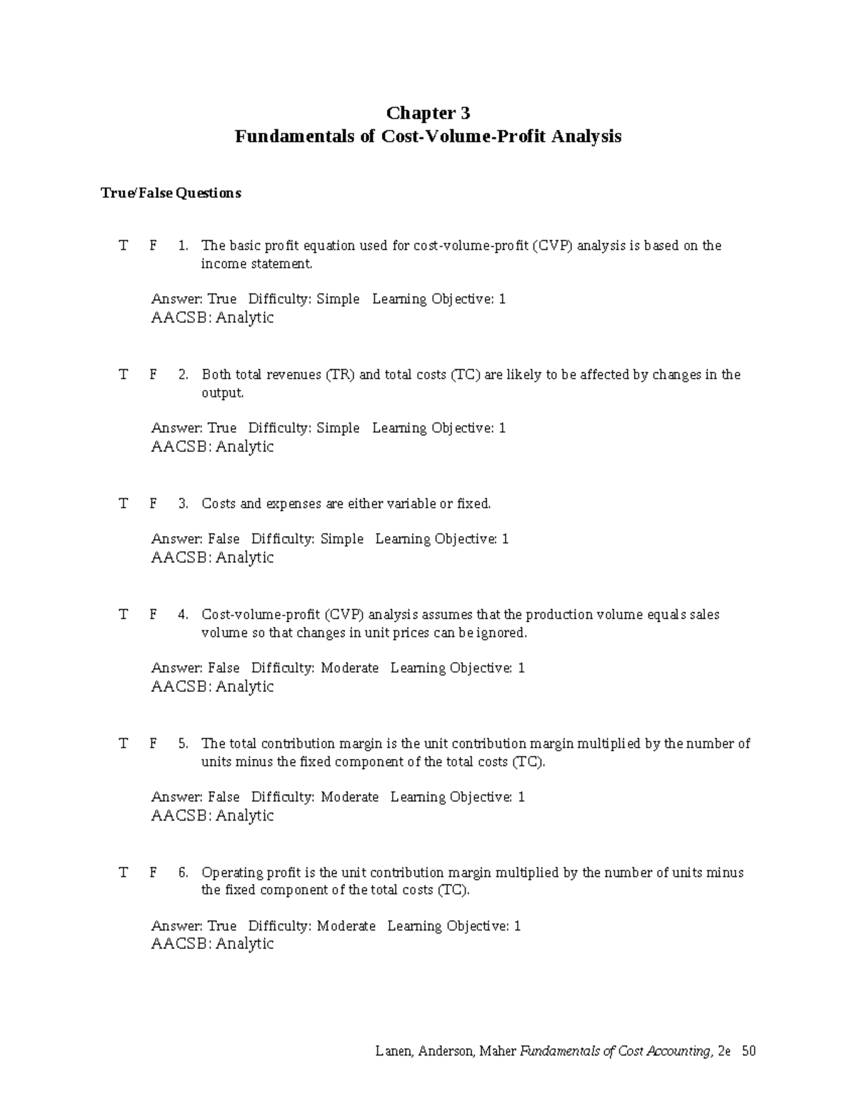 Chapter 3 Test Bank: CVP Analysis Questions and Answers - Studocu
