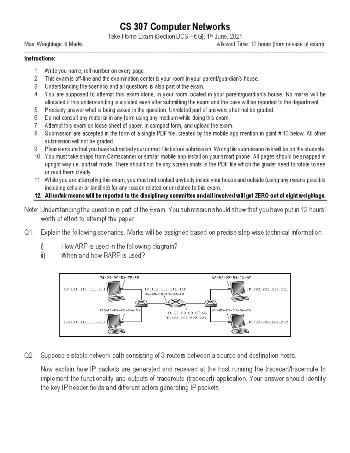 Computer Networks - Practice Exam - CS 307 Computer Networks Take Home Exam (Section BCS – 6G ...