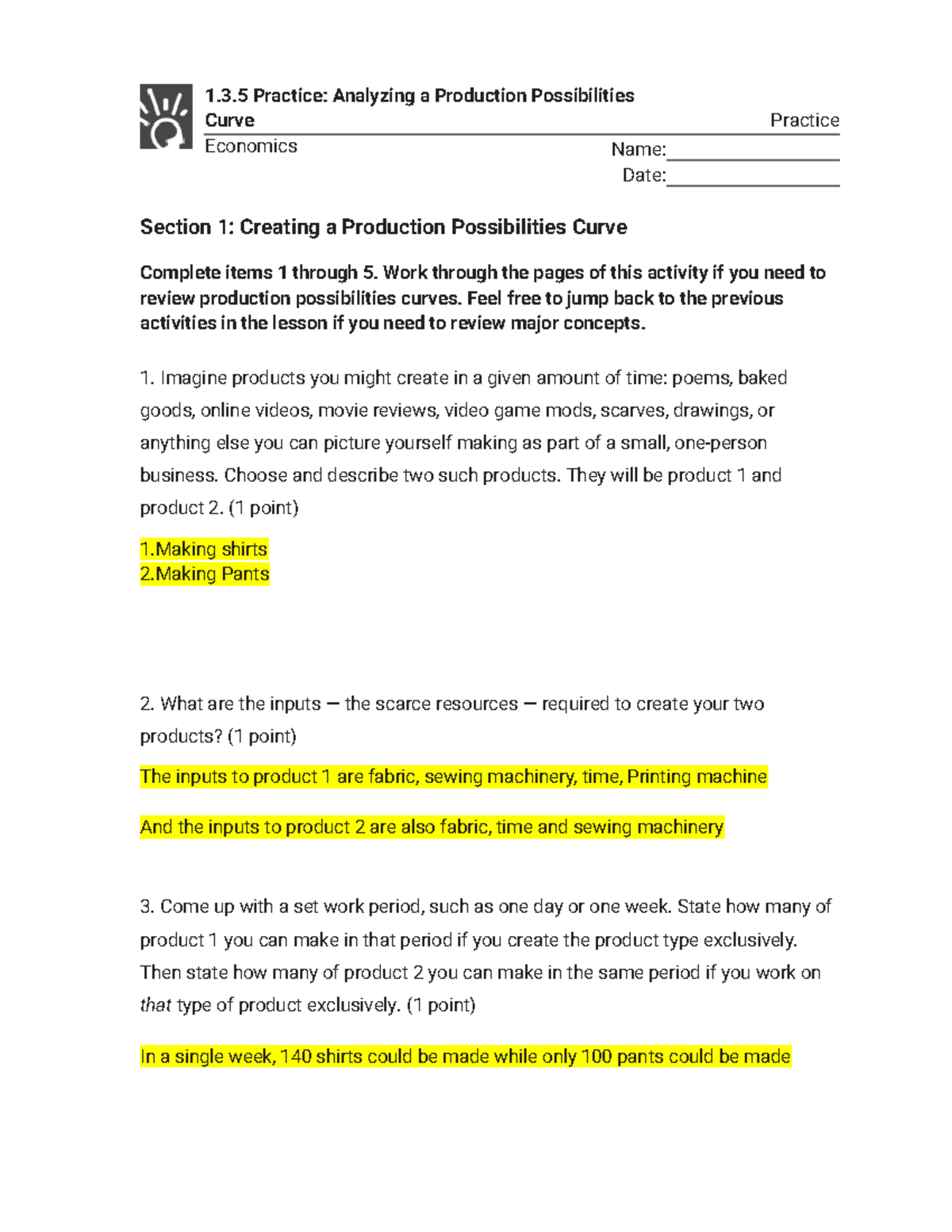 1.3.5 Practice - Understanding Production Possibilities Curve in ...