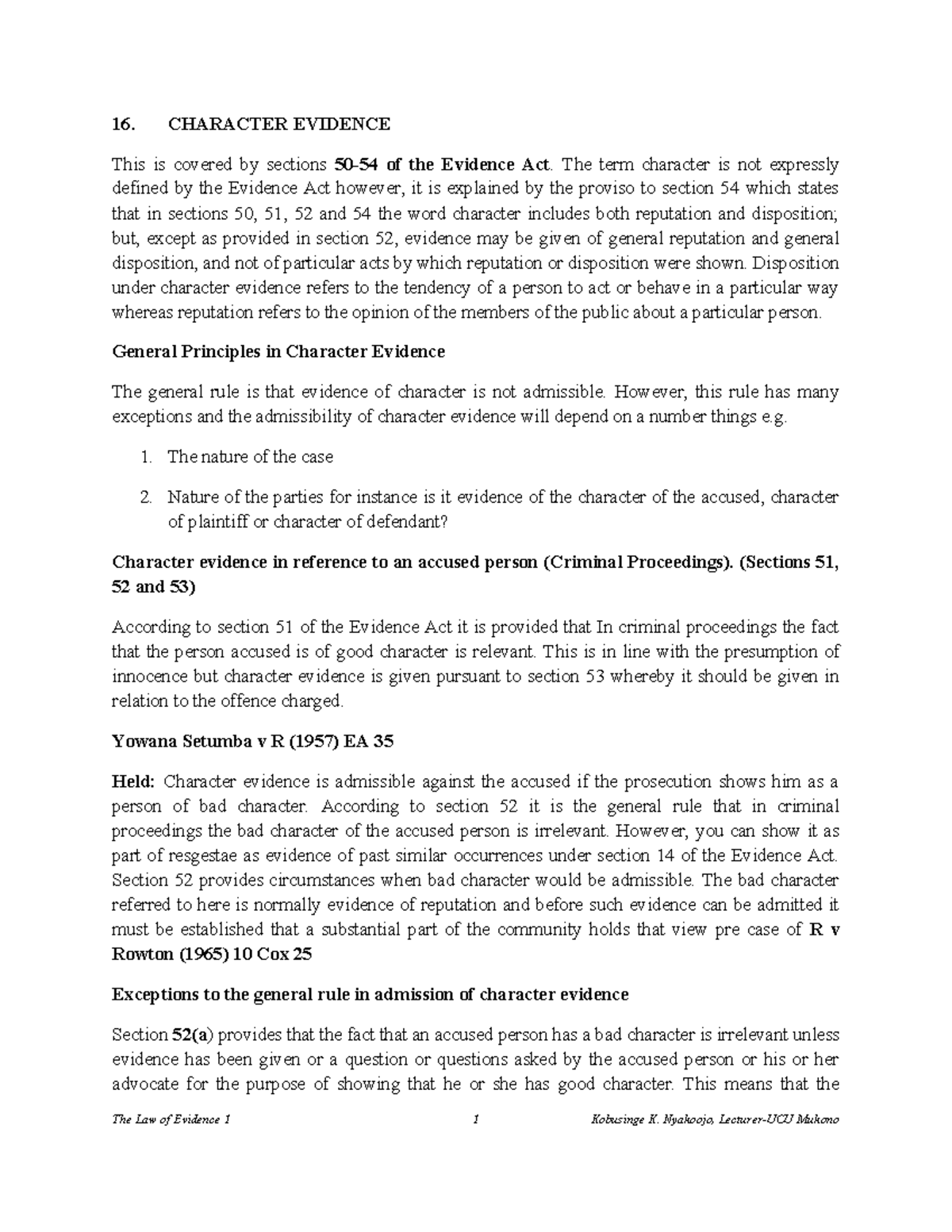 16. Character Evidence: Understanding the Evidence Act Provisions - Studocu