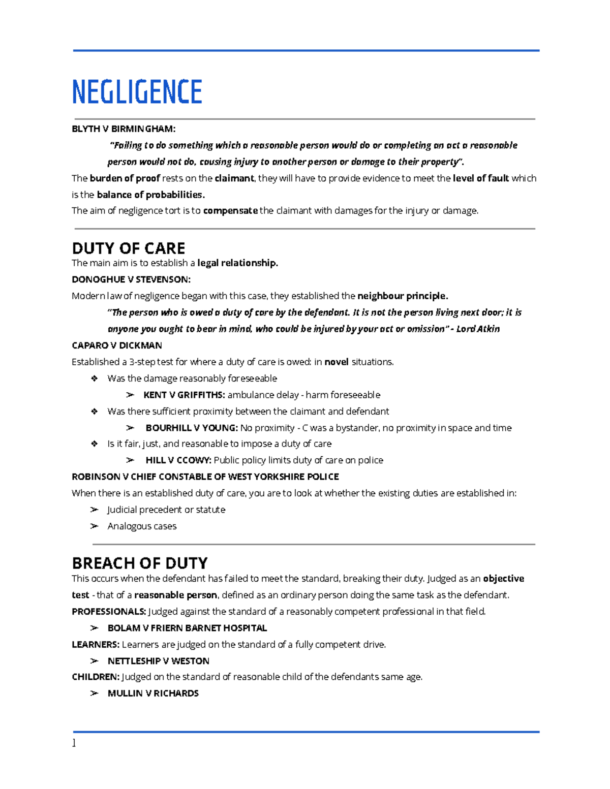 Negligence Law Overview: Key Cases and Principles (LAW 101) - Studocu