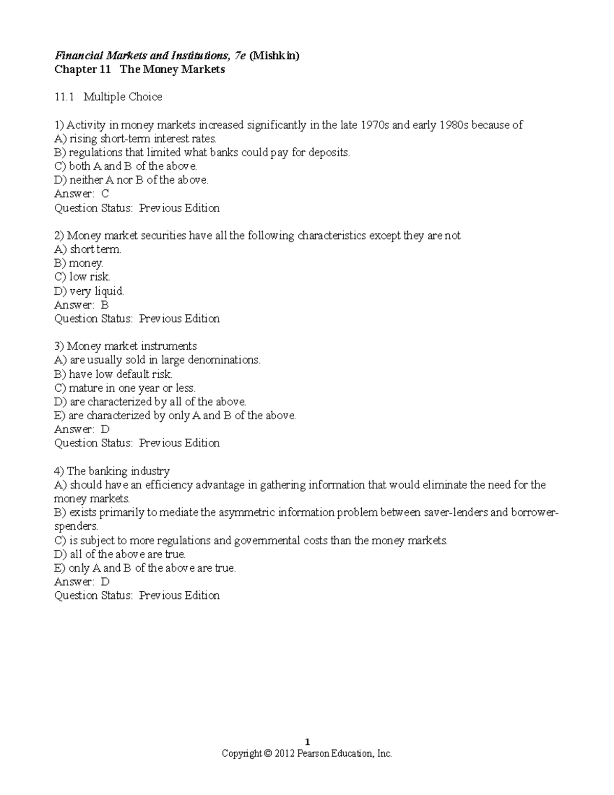 Ch 11 TBS - Money Markets Test Bank Questions and Answers - Studocu