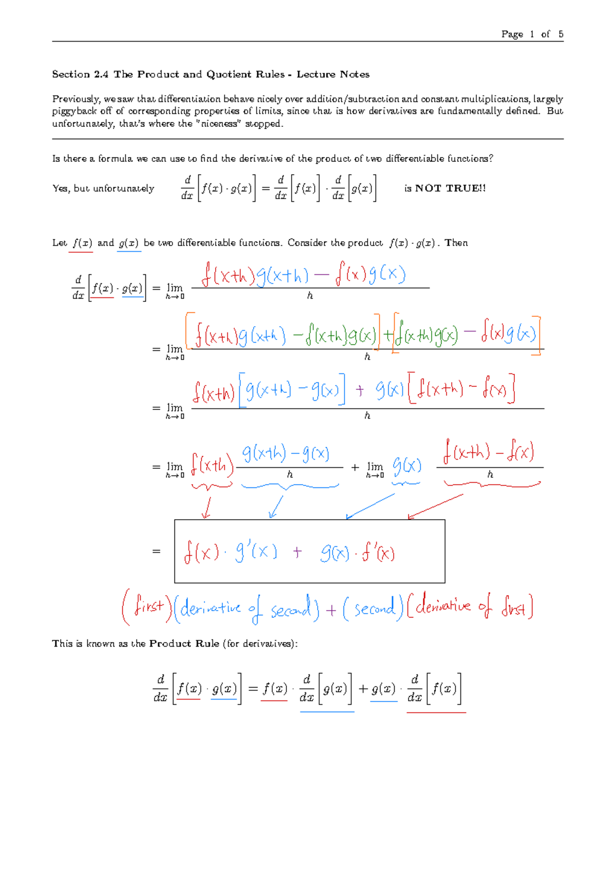 Calculus I (MATH 101) Lecture Notes: Product & Quotient Rules - Studocu