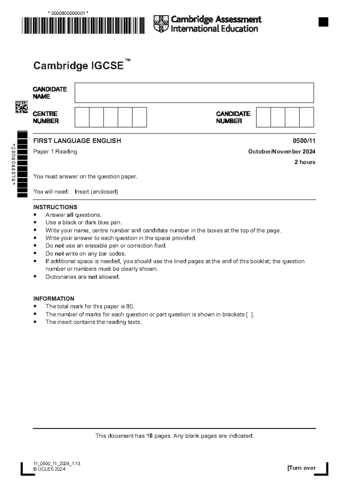 Cambridge IGCSE 11_0500_11_2024 Paper 1 Reading Question Paper - Studocu