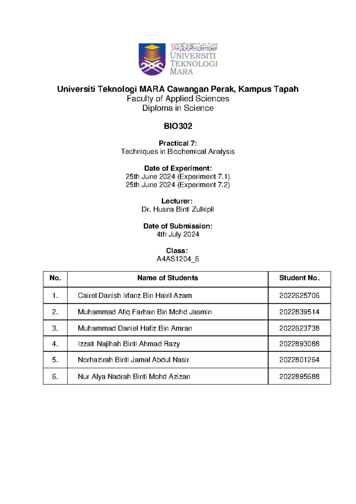 BIO302 Lab Report: Practical Assignment on Biochemical Analysis ...