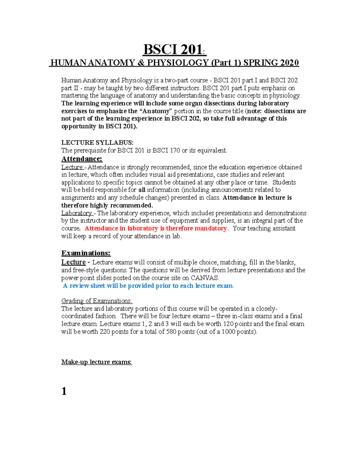 BSCI 201 Human Anatomy & Physiology Lecture Syllabus Spring 2020 - Studocu