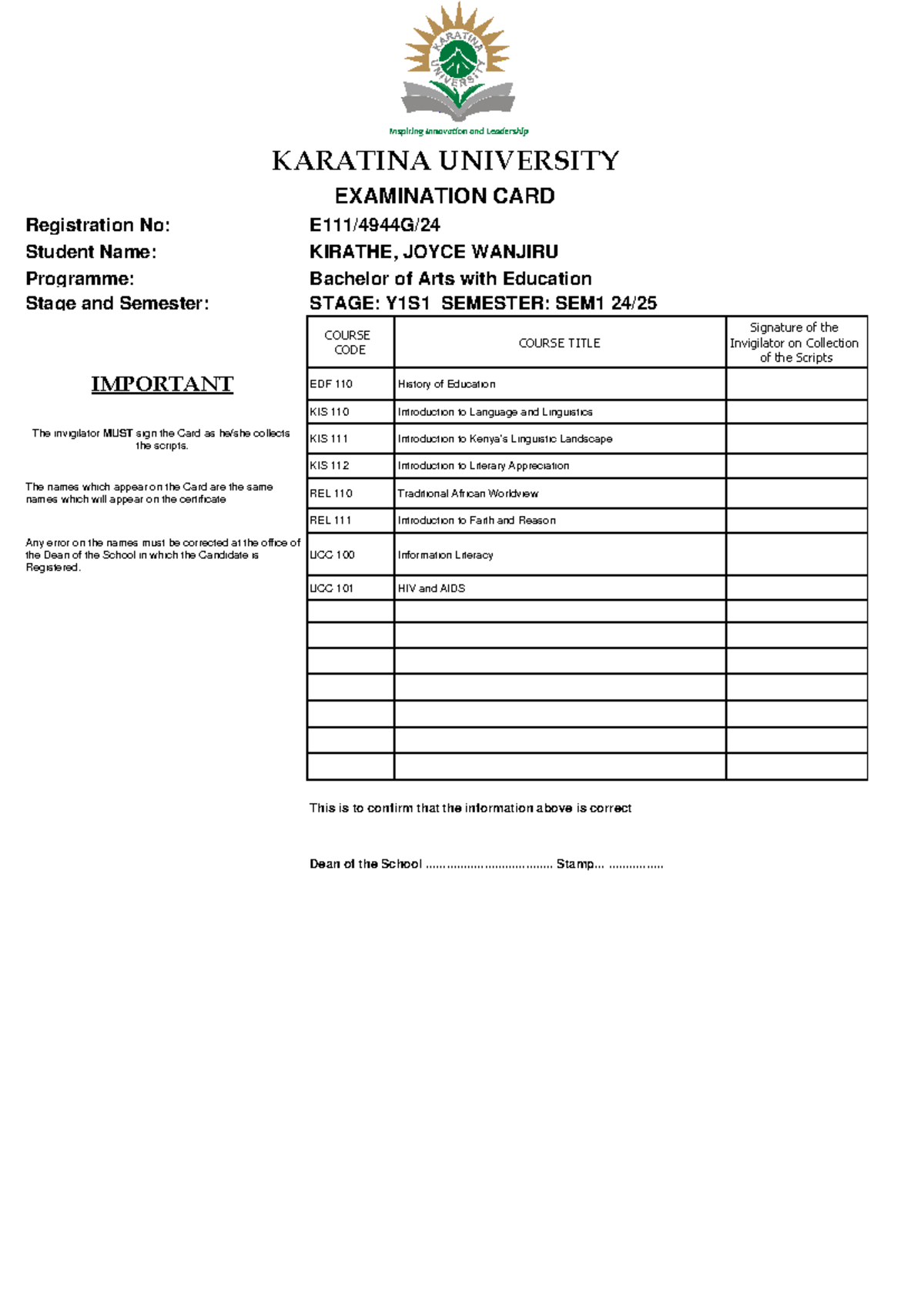Exam Card-E1114944 G24 - KARATINA UNIVERSITY EXAMINATION CARD ...
