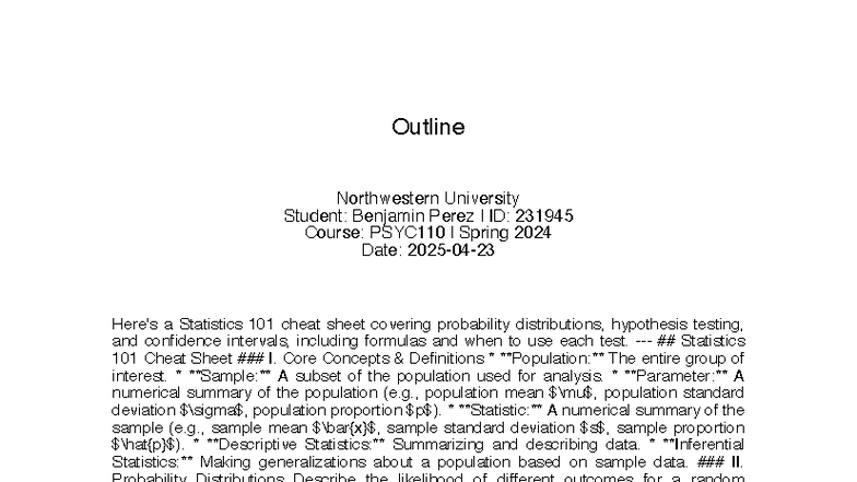 PSYC110 Spring 2024: Statistics 101 Cheat Sheet on Probability ...
