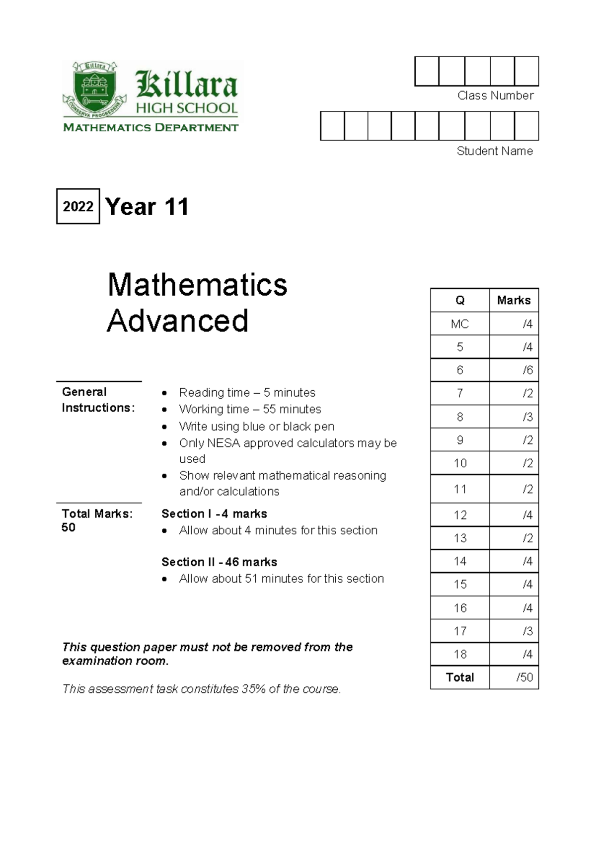 2022 Year 11 Mathematics Advanced Exam Task 1 - Practice Questions ...
