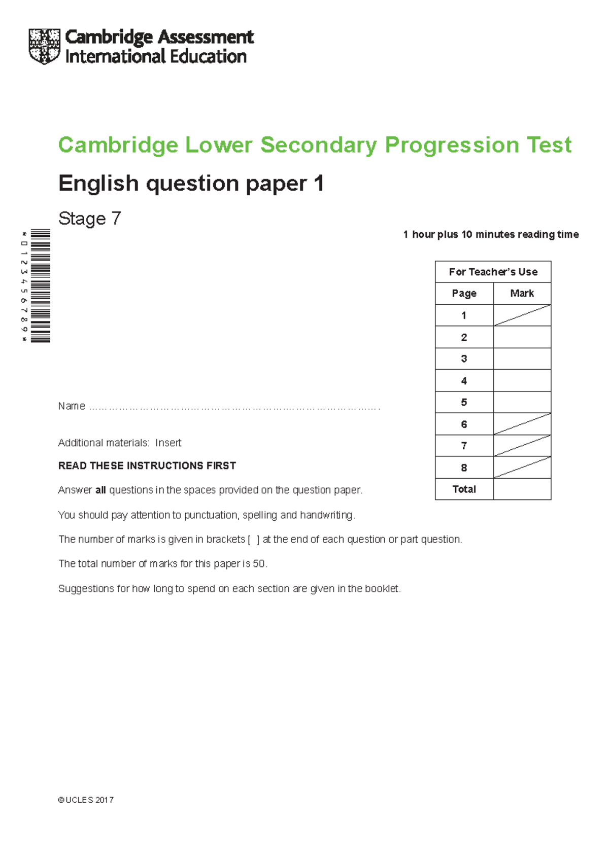 2018 Cambridge Lower Secondary Progression Test English Stage 7 QP ...