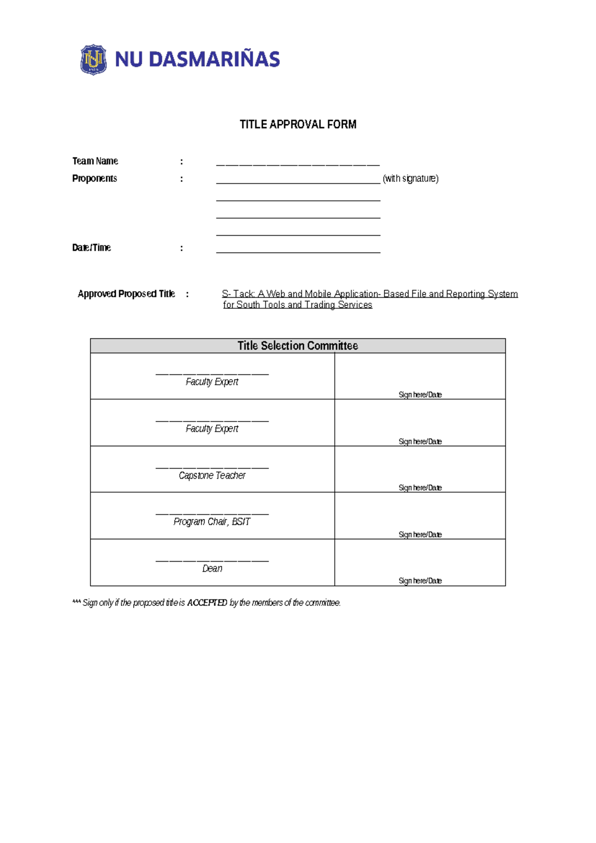 Form C2. Title Approval FORM - TITLE APPROVAL FORM Team Name